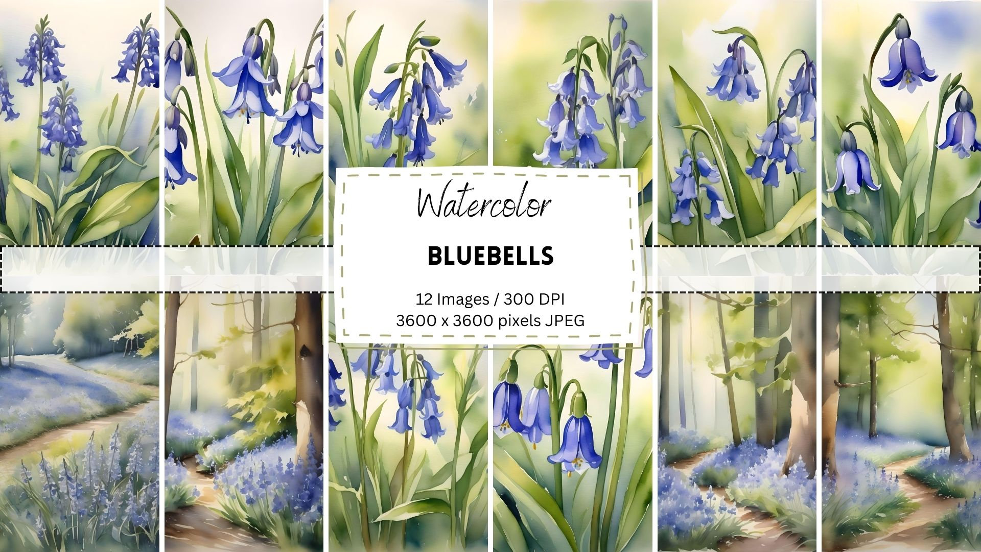 12 Watercolor Floral Bluebells Digital Download / Digital Paper ...