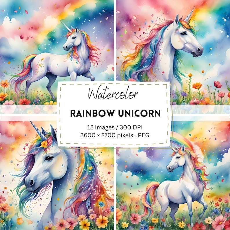 12 Watercolor Rainbow Unicorn Digital Download / Digital Paper ...