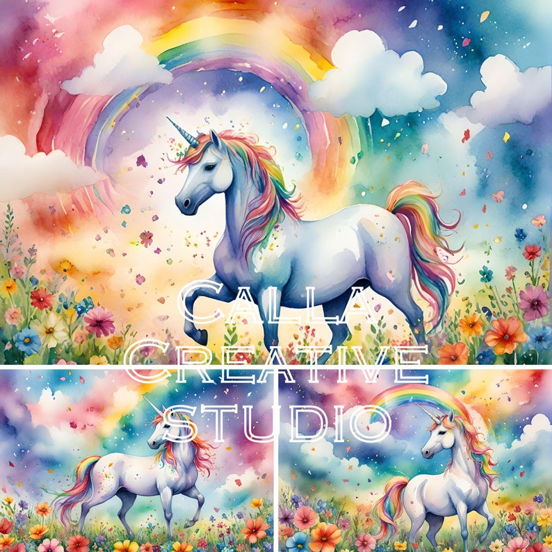 12 Watercolor Rainbow Unicorn Digital Download / Digital Paper ...