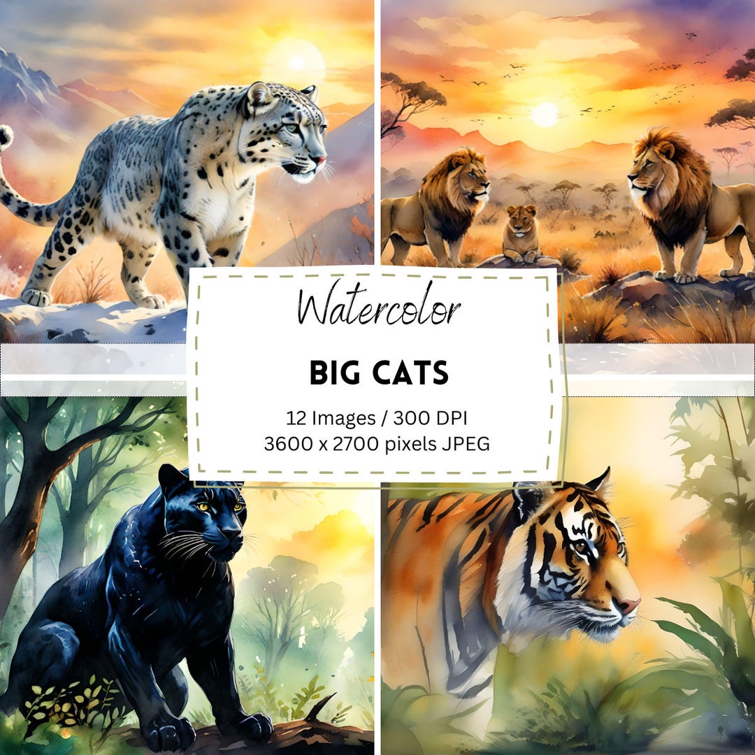 12 Watercolor Big Cats Digital Download / Digital Paper / Printable ...