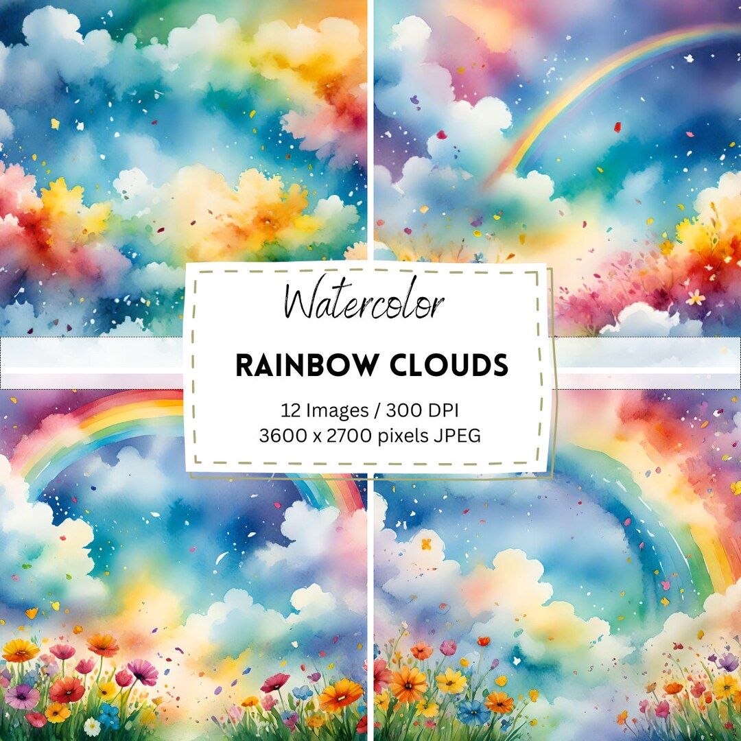 12 Watercolor Rainbow Clouds and Petals Digital Download / Digital ...
