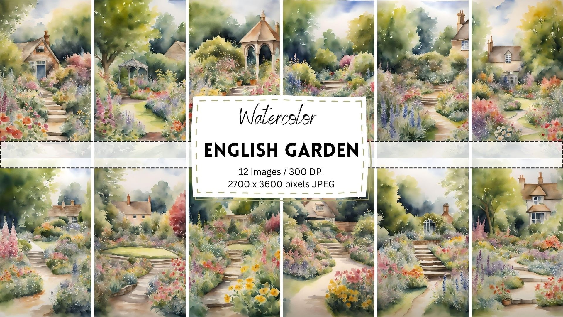 12 Watercolor English Garden Summer Garden Digital Download / Digital ...