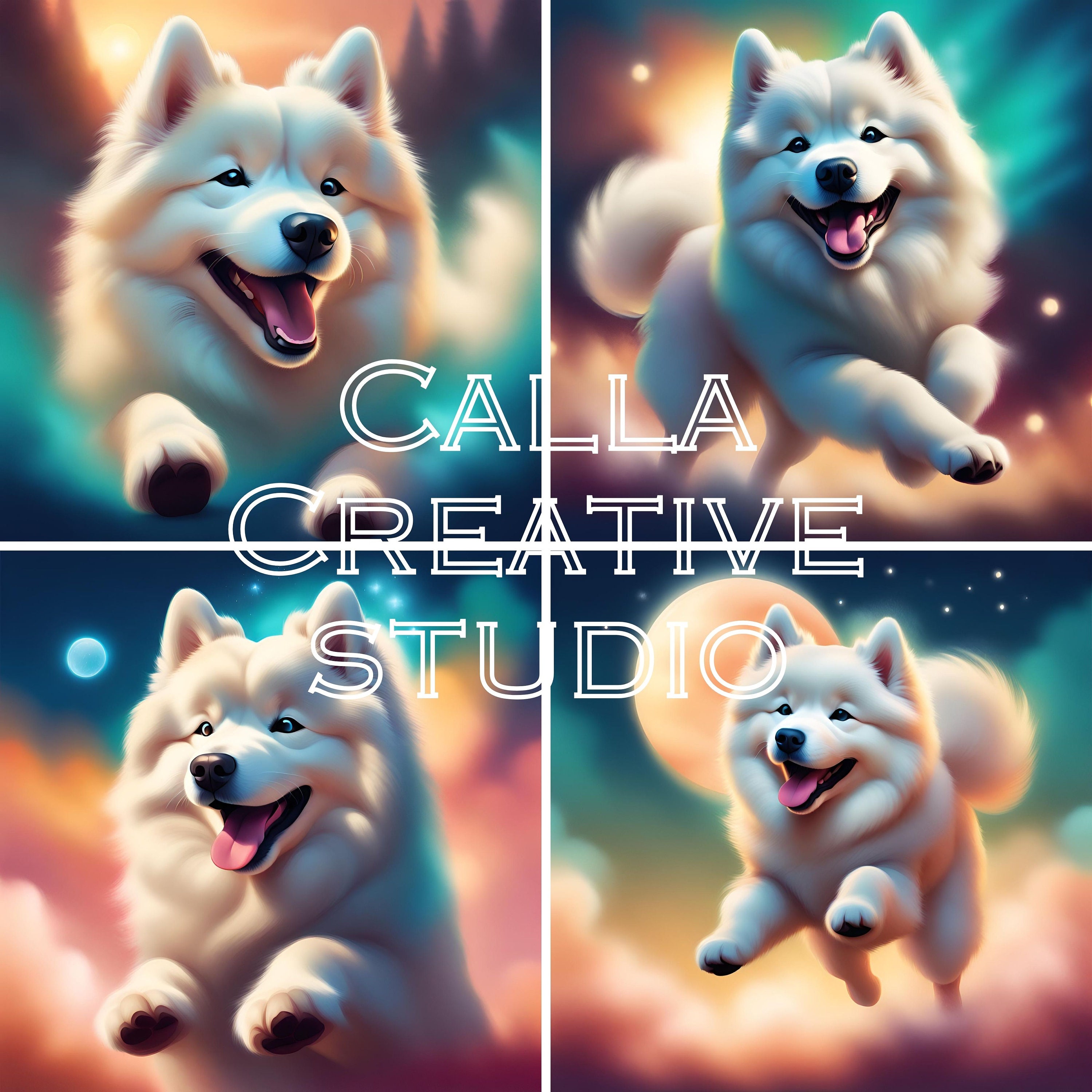 12 Printable Samoyed Dog Art Painting Digital Download / Digital Paper ...