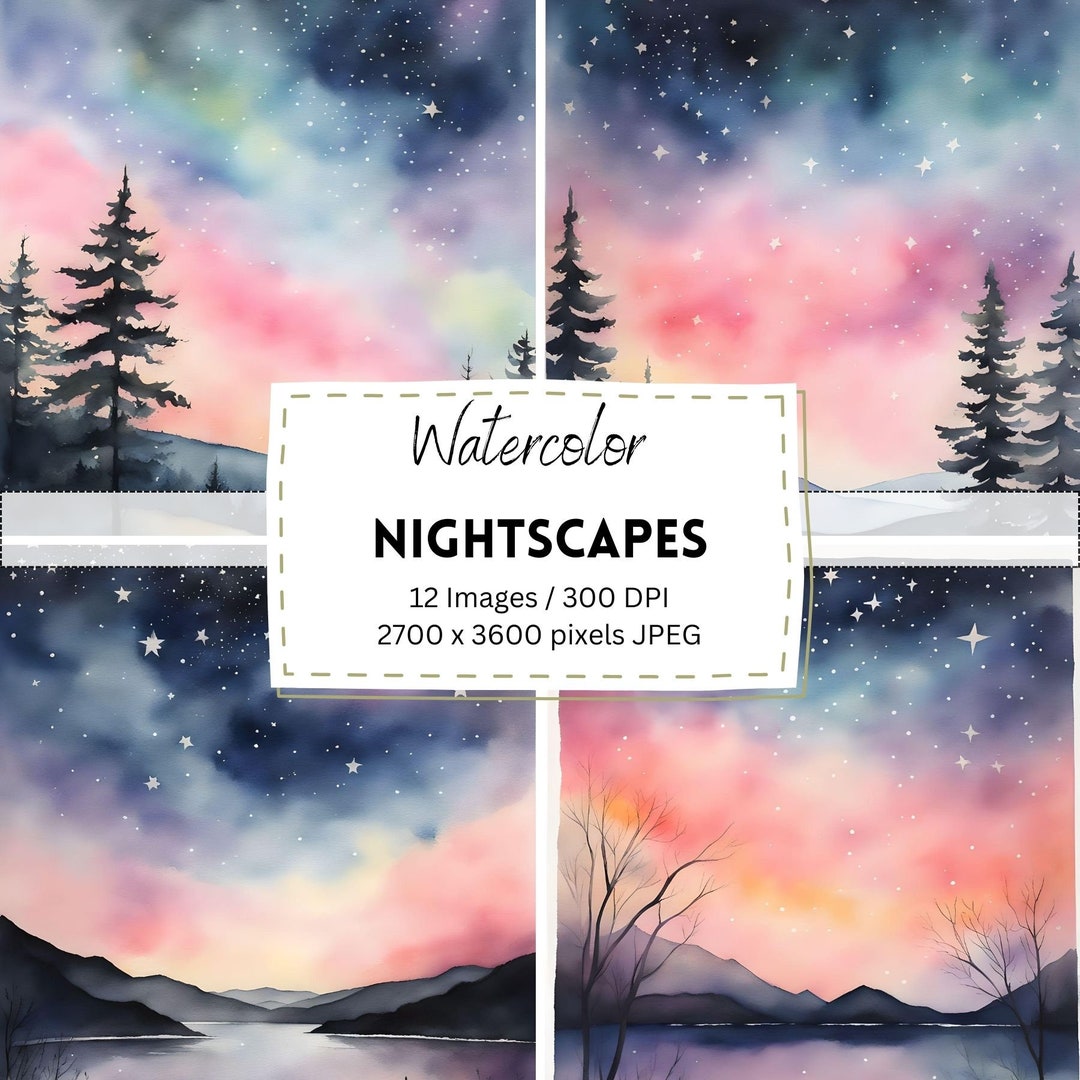 12 Watercolor Nightscape Starry Skies Digital Download / Digital Paper ...