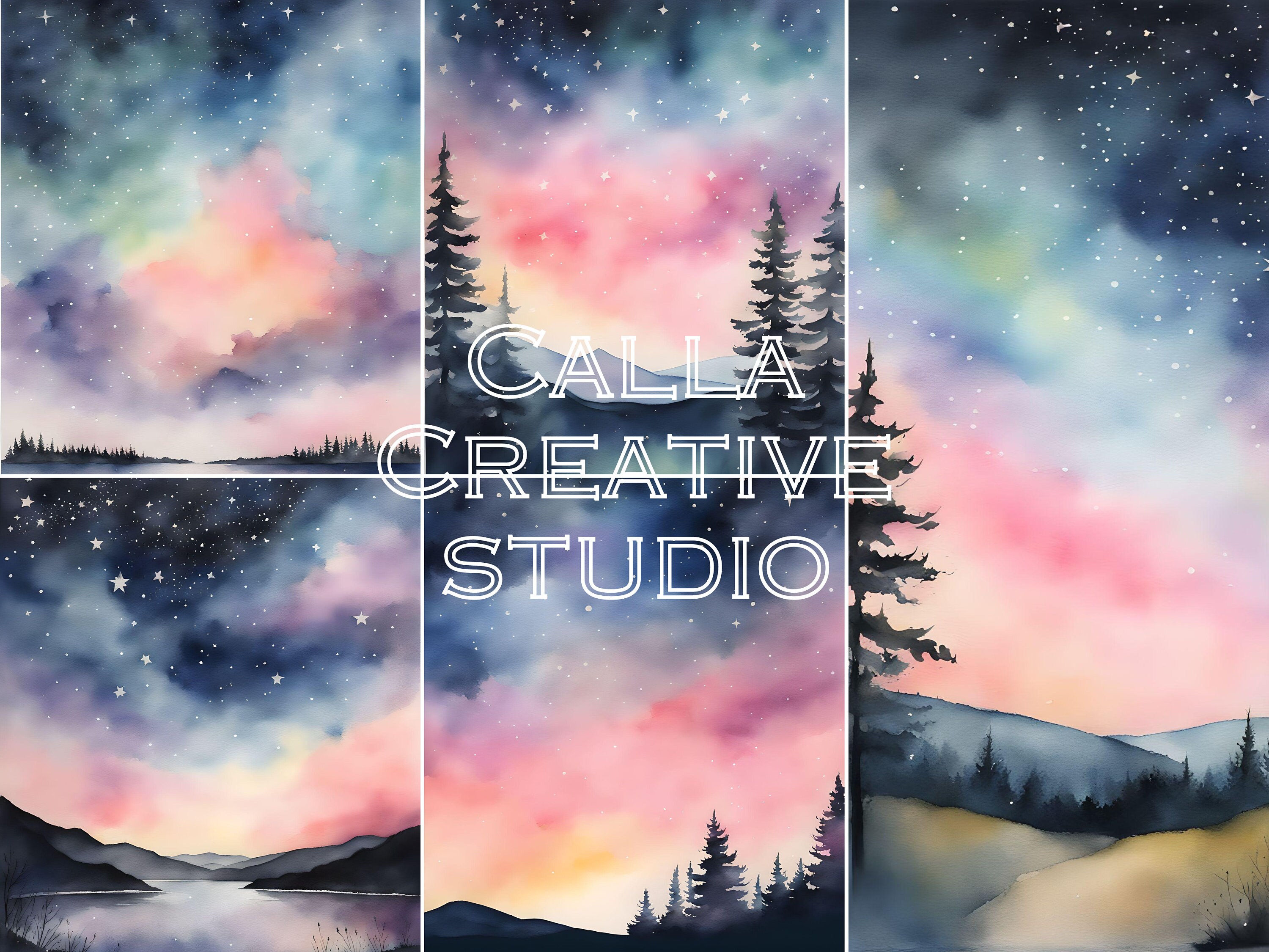 12 Watercolor Nightscape Starry Skies Digital Download / Digital Paper ...