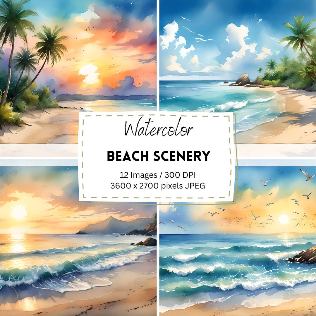 12 Watercolor Beach Scenery Digital Download / Digital Paper ...