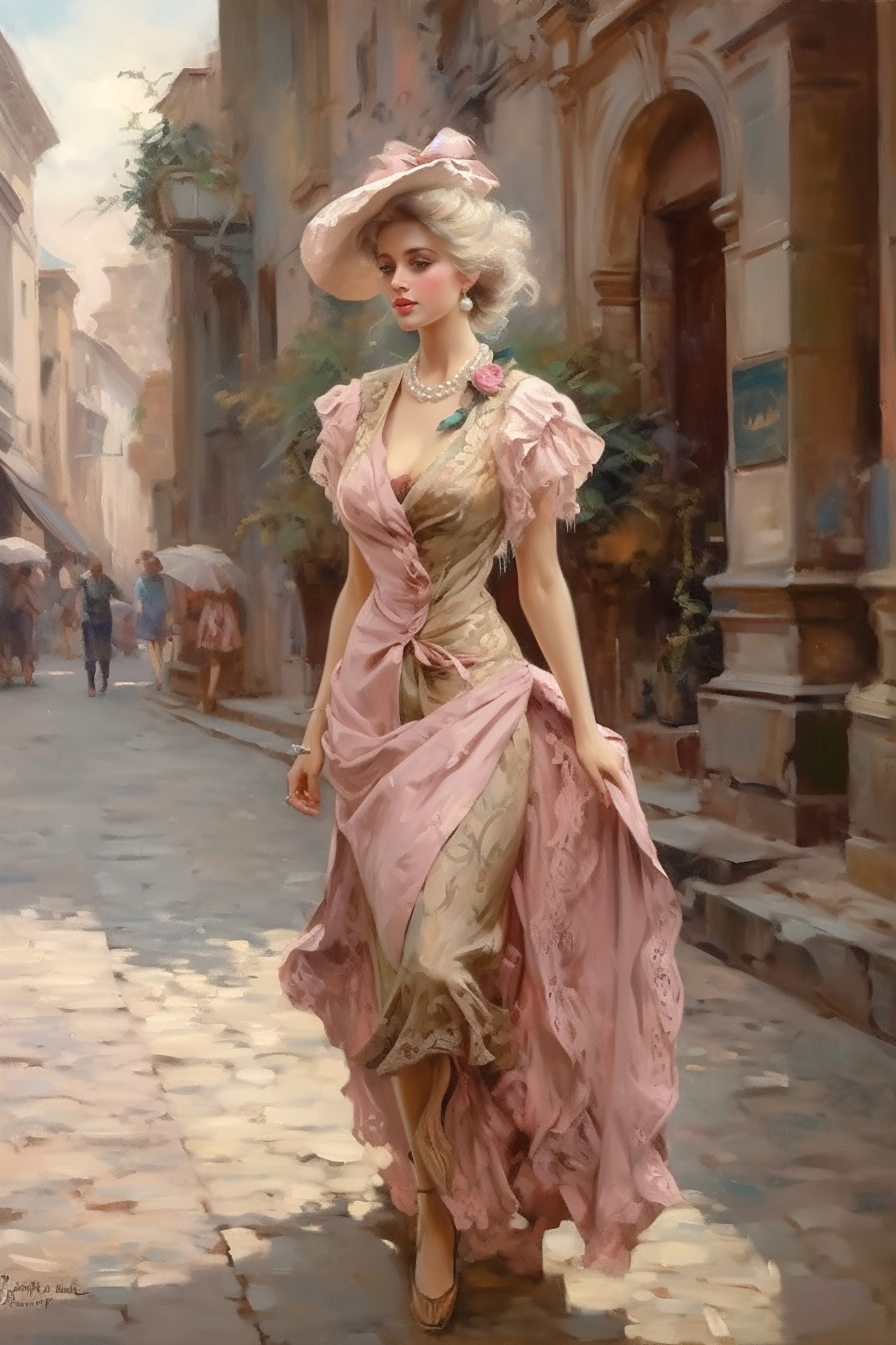 Elegant Vintage Painting of a Woman in a Long Dress and Hat - Digital ...