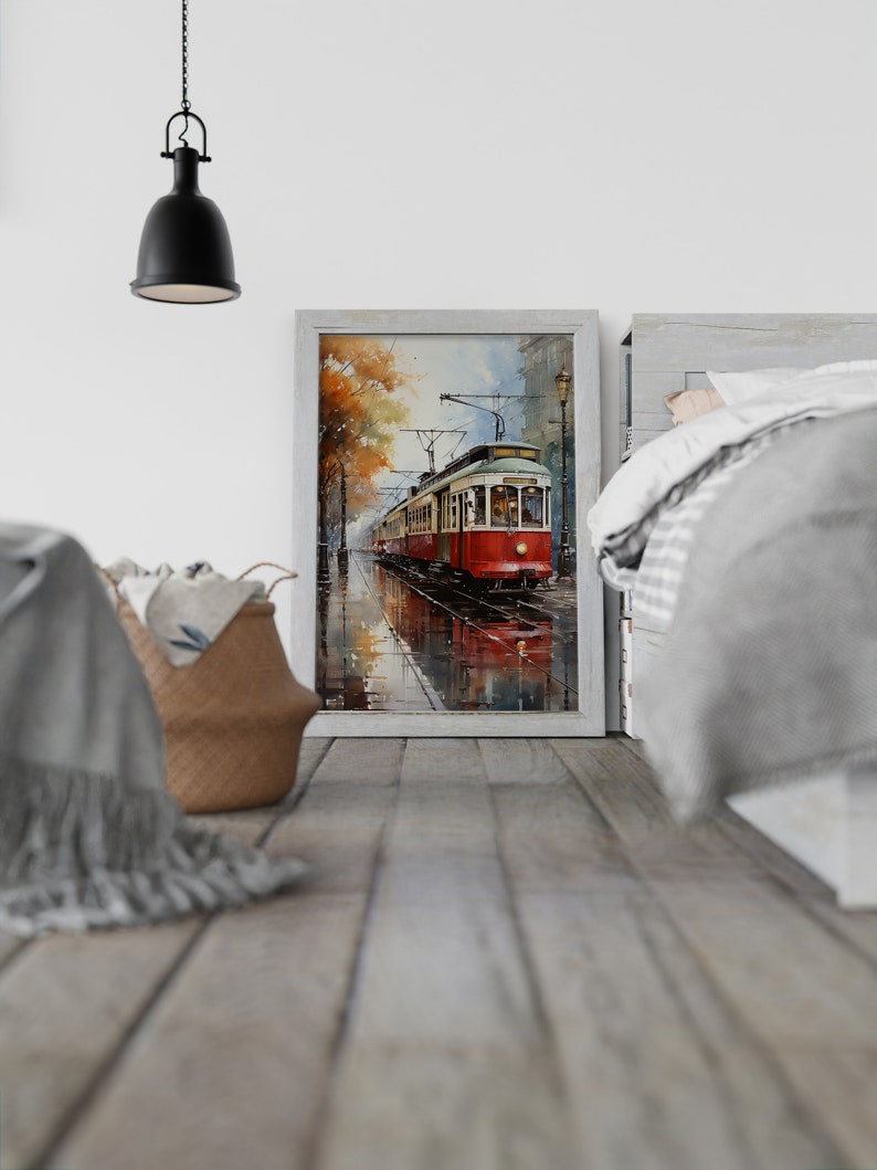 Colorful Streetcar in a Tranquil Autumn Landscape: Watercolor Drawing ...