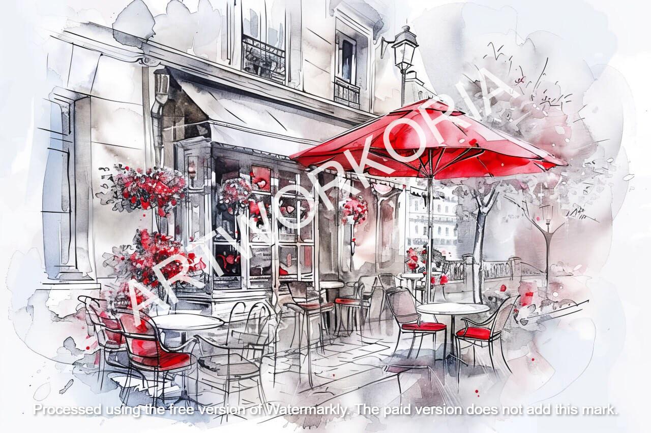 A Watercolor Sketch of a Street-side Parisian Café | Instant Digital ...