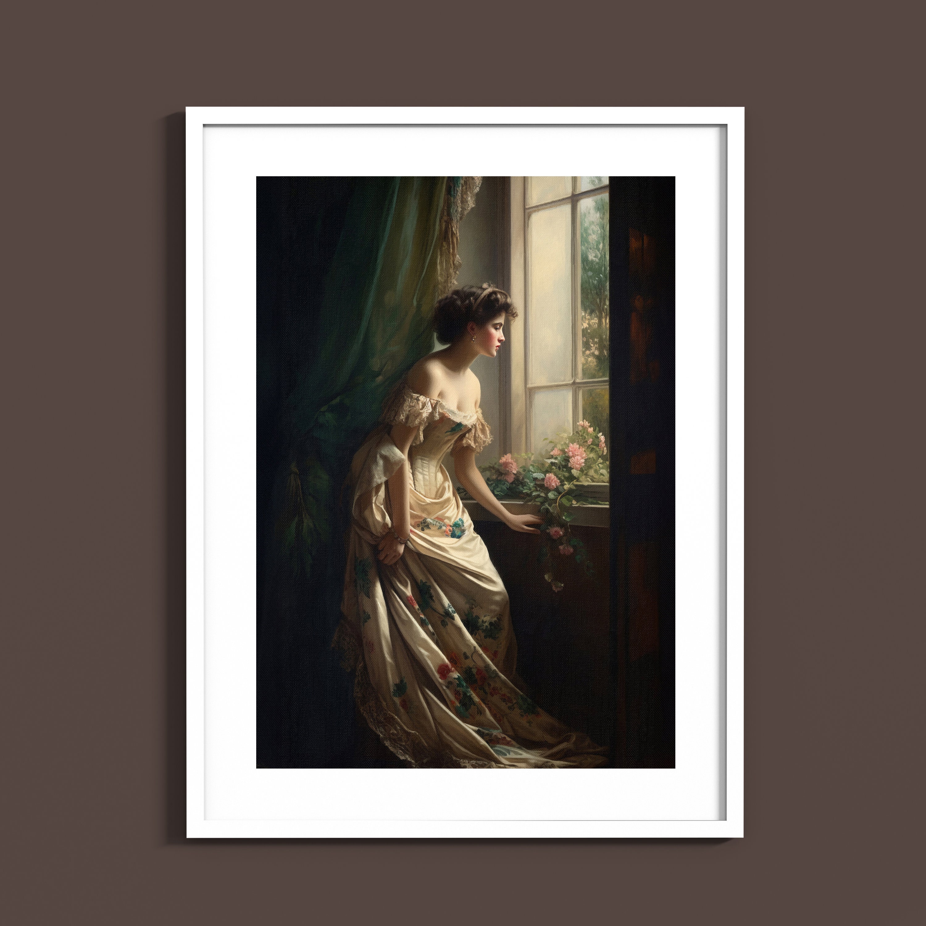Элегантная винтажная картина женщины в длинном платье у окна
