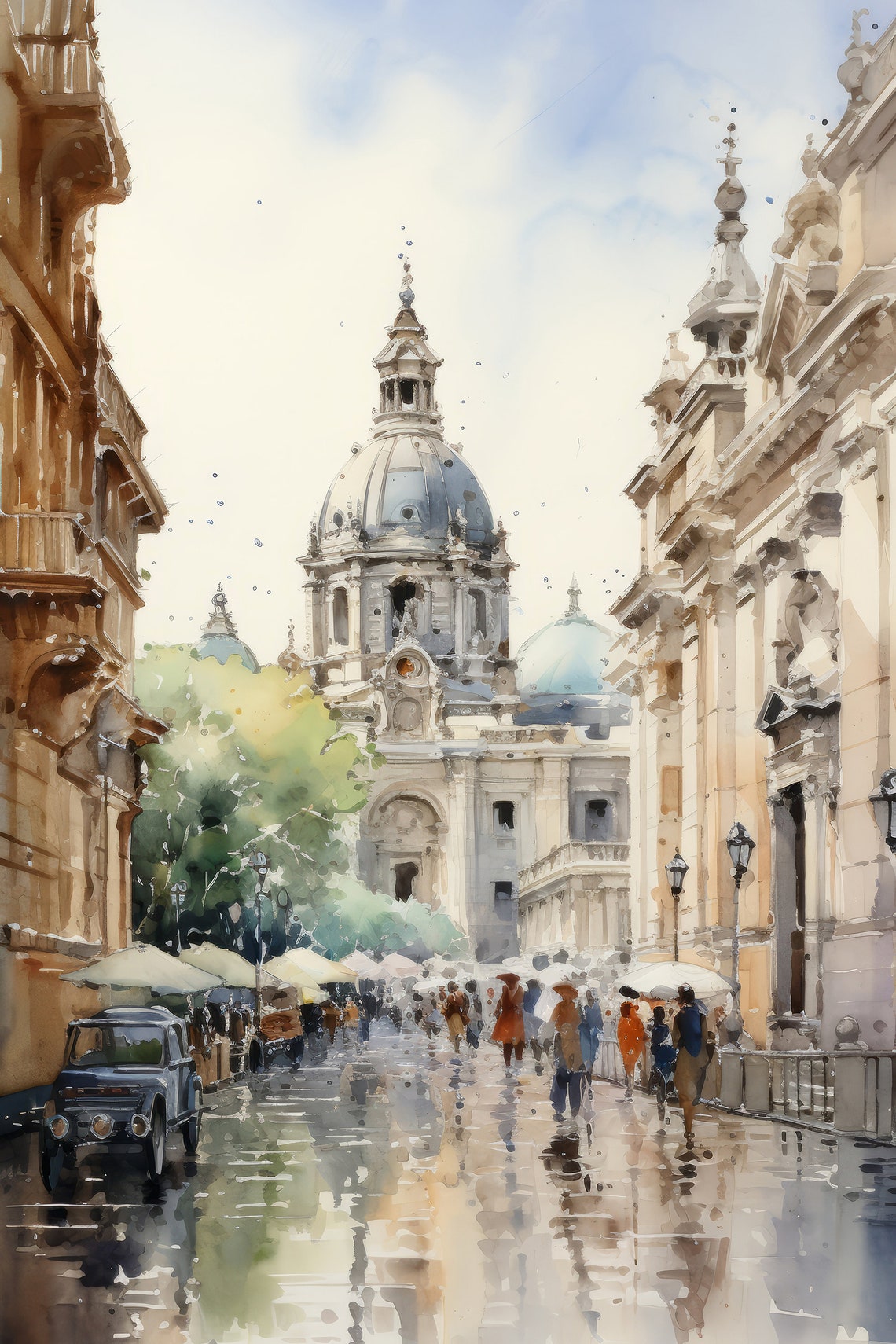 Italian Street Watercolor Print - Vibrant Cityscape With Bustling ...