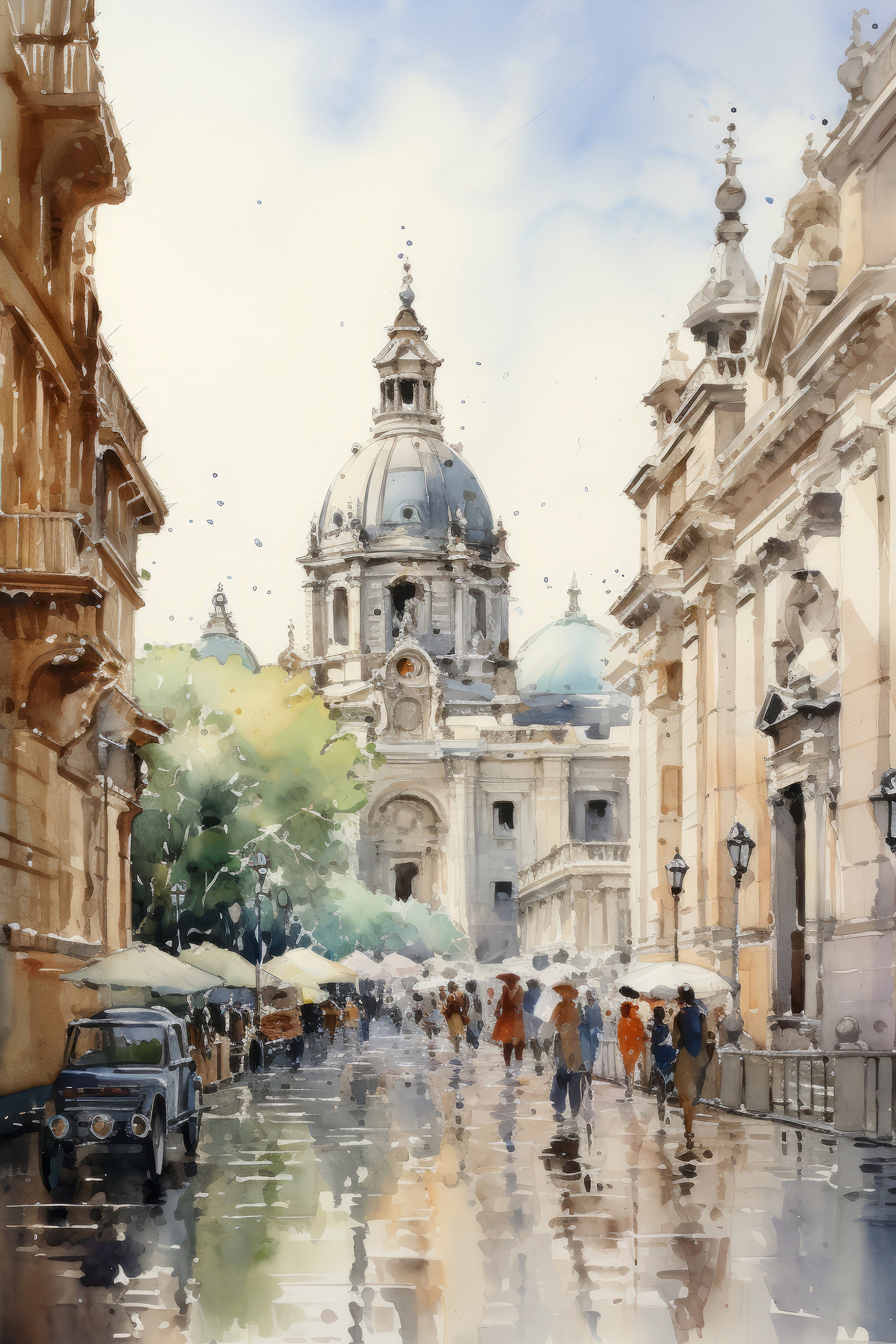 Italian Street Watercolor Print - Vibrant Cityscape With Bustling ...