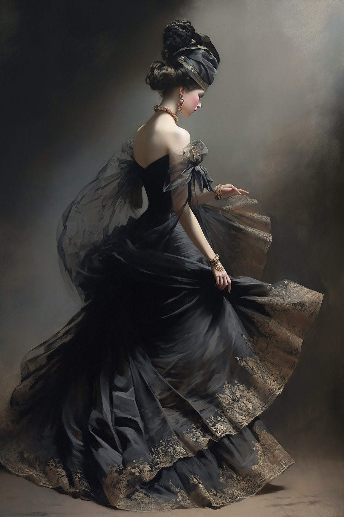 Elegant Vintage Painting of a Woman in a Black Long Dress and Hat ...
