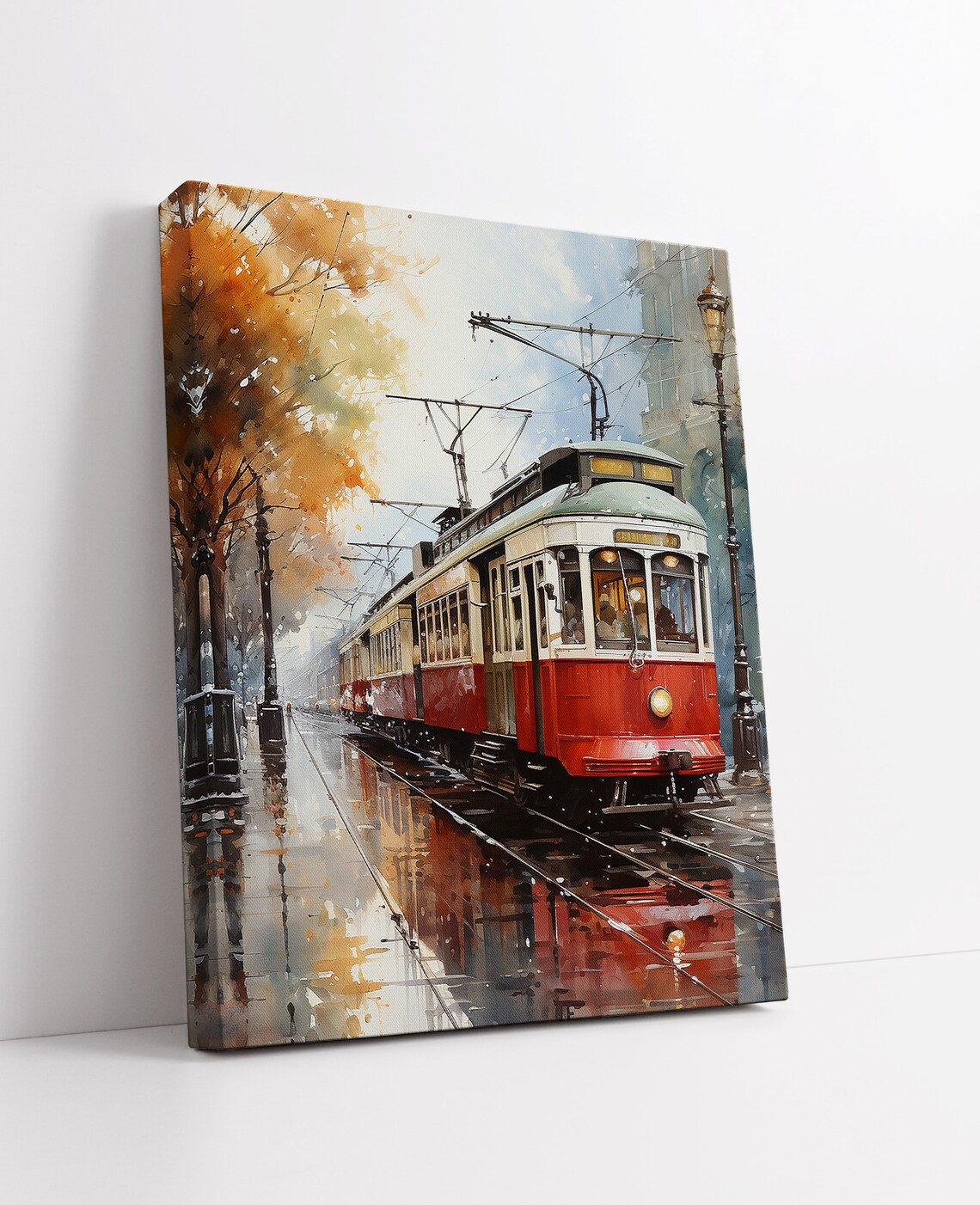 Colorful Streetcar in a Tranquil Autumn Landscape: Watercolor Drawing ...