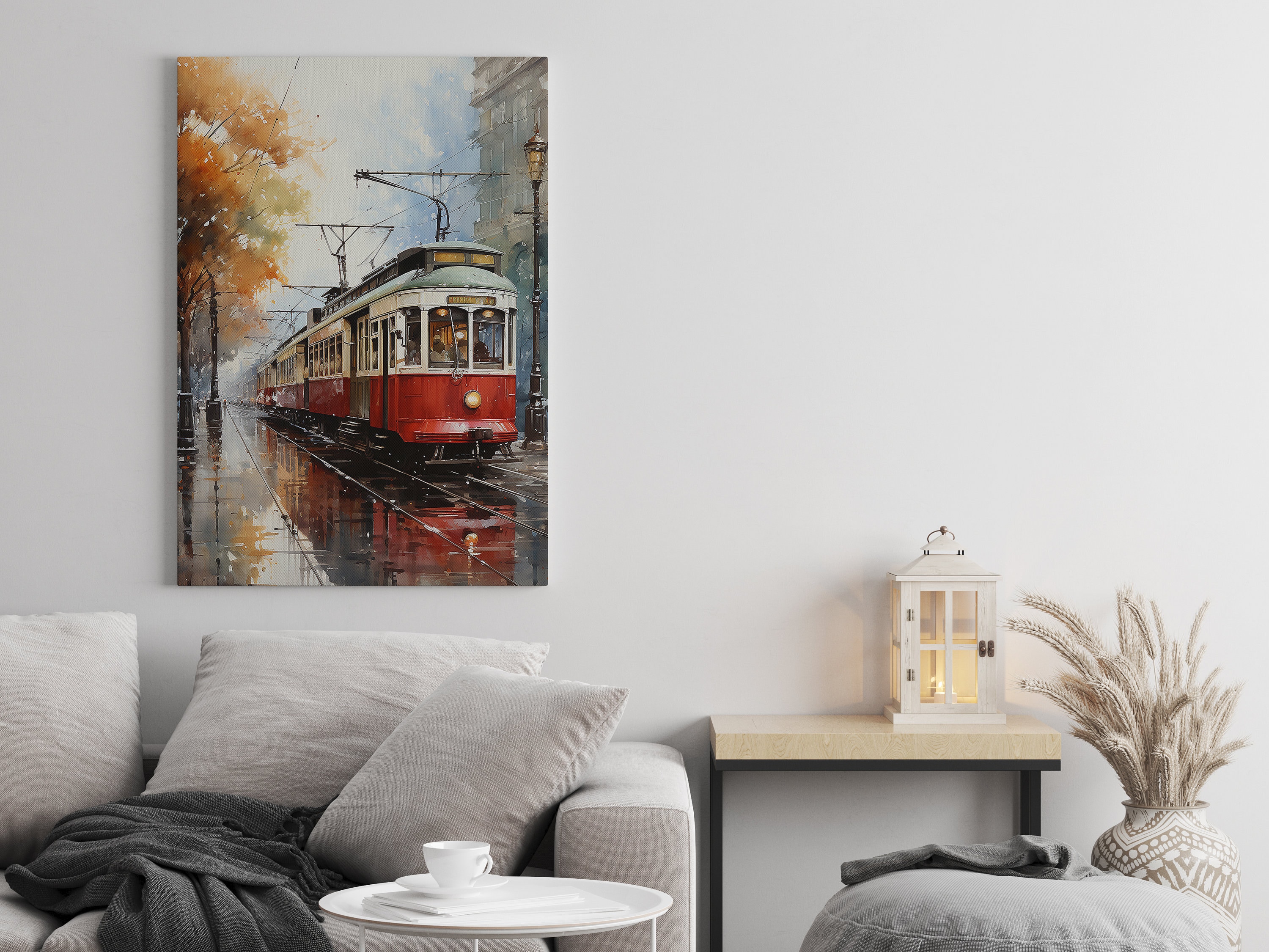 Colorful Streetcar in a Tranquil Autumn Landscape: Watercolor Drawing ...