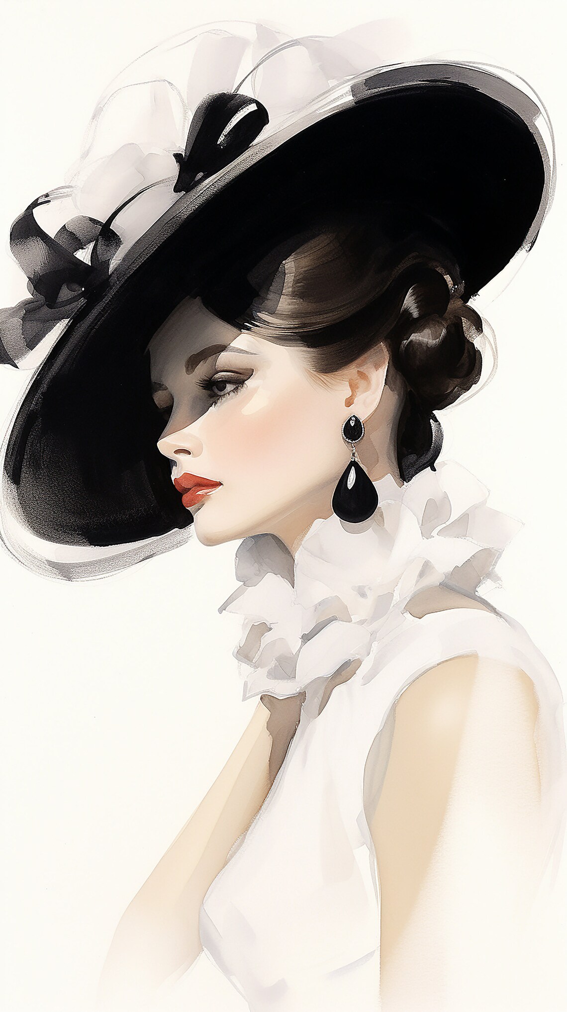 Vintage Charm: Watercolor Portrait of a Woman in a Black Hat - Digital ...