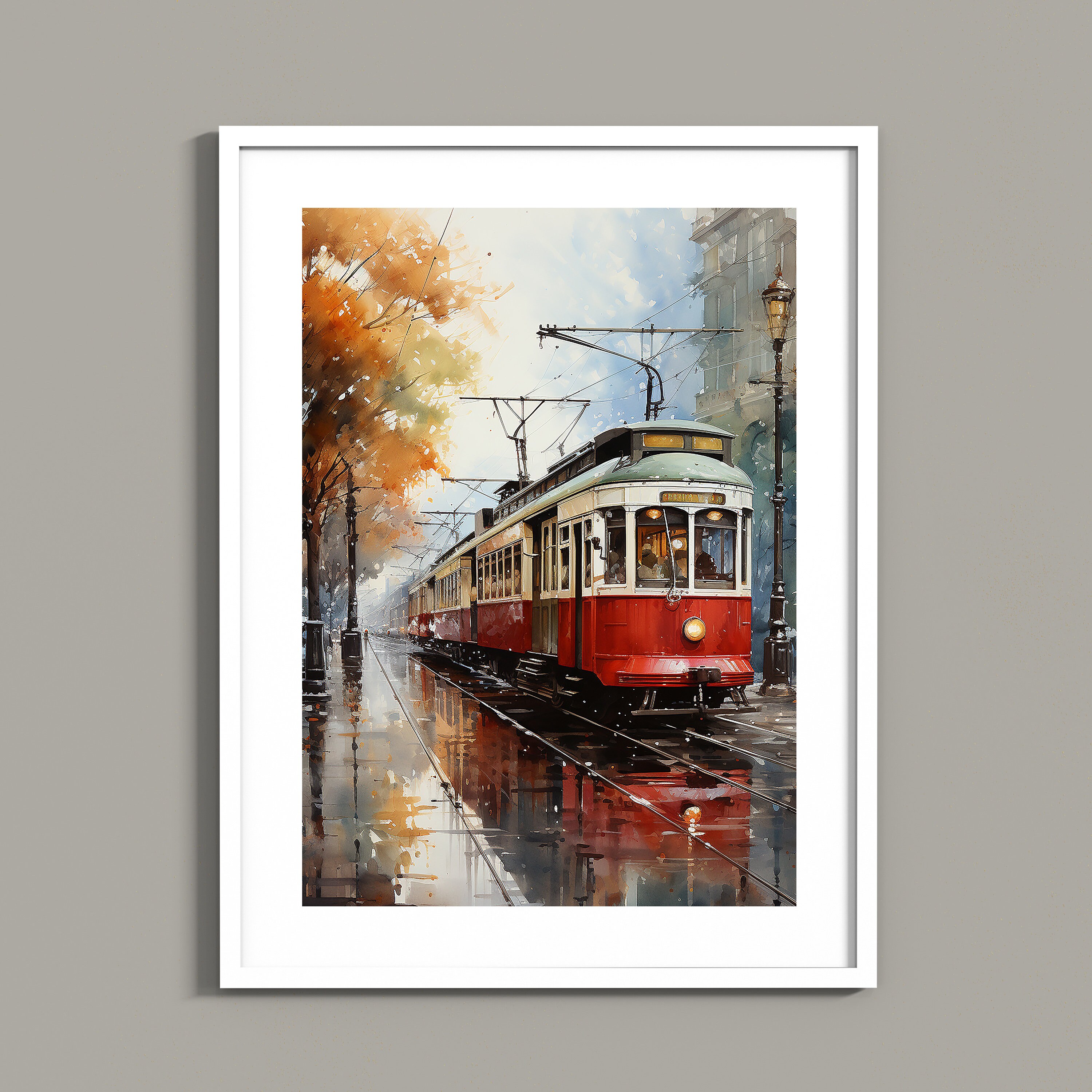 Colorful Streetcar in a Tranquil Autumn Landscape: Watercolor Drawing ...