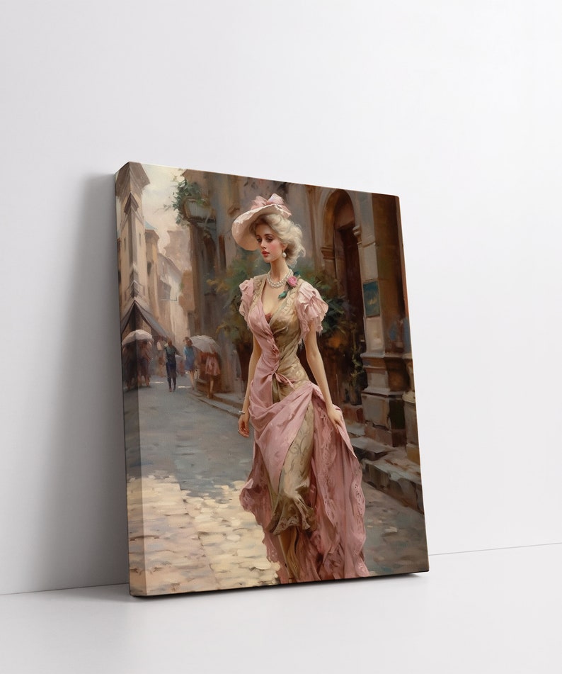Элегантная винтажная картина женщины в длинном платье и шляпе цифровая художественная печать