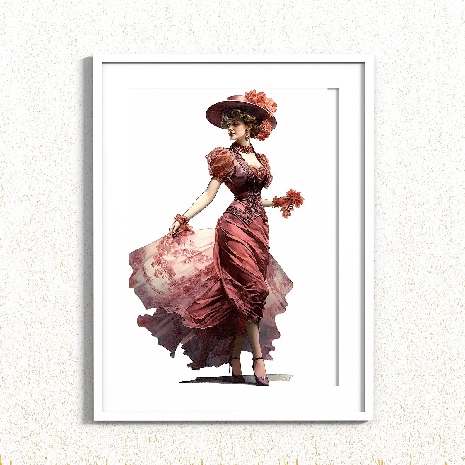 Elegant Vintage Painting of a Woman in a Pink Long Dress and Hat ...