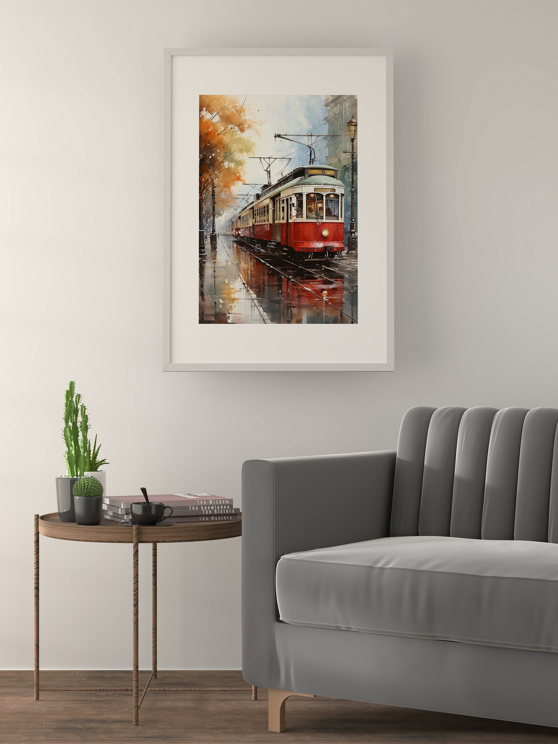 Colorful Streetcar in a Tranquil Autumn Landscape: Watercolor Drawing ...