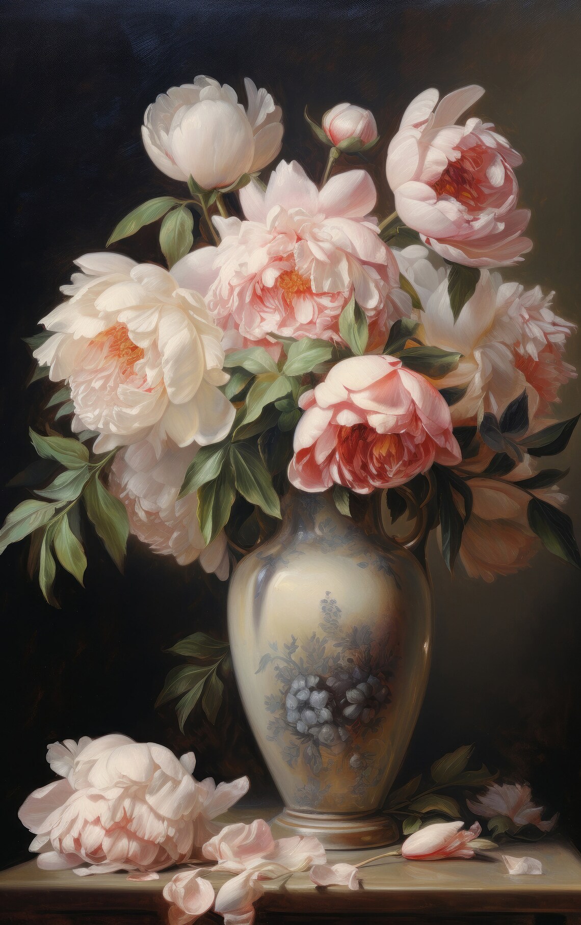 Vintage Peonies in Vase: Charming Oil Painting Wall Art Print | Instant ...