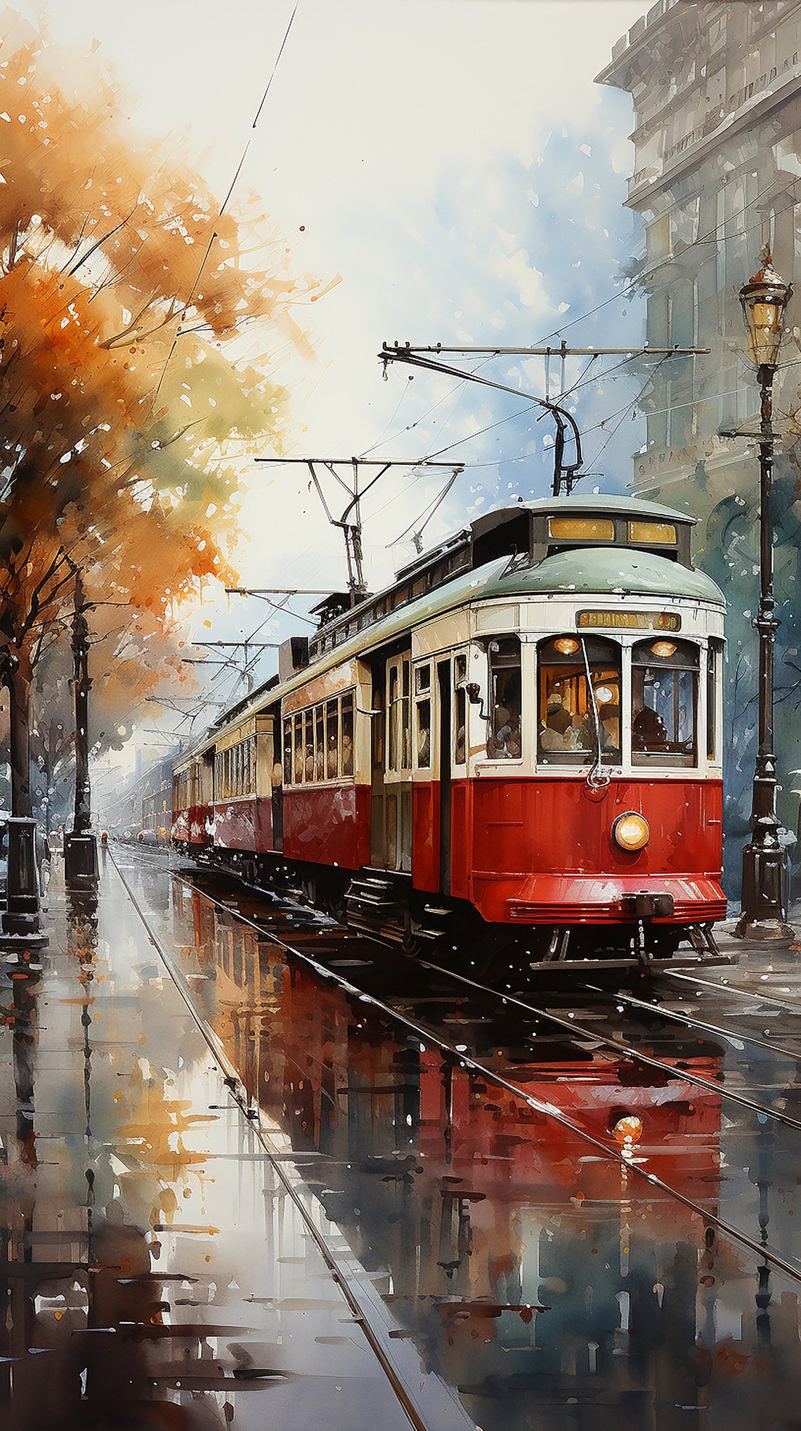 Colorful Streetcar in a Tranquil Autumn Landscape: Watercolor Drawing ...