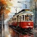 Colorful Streetcar in a Tranquil Autumn Landscape: Watercolor Drawing ...