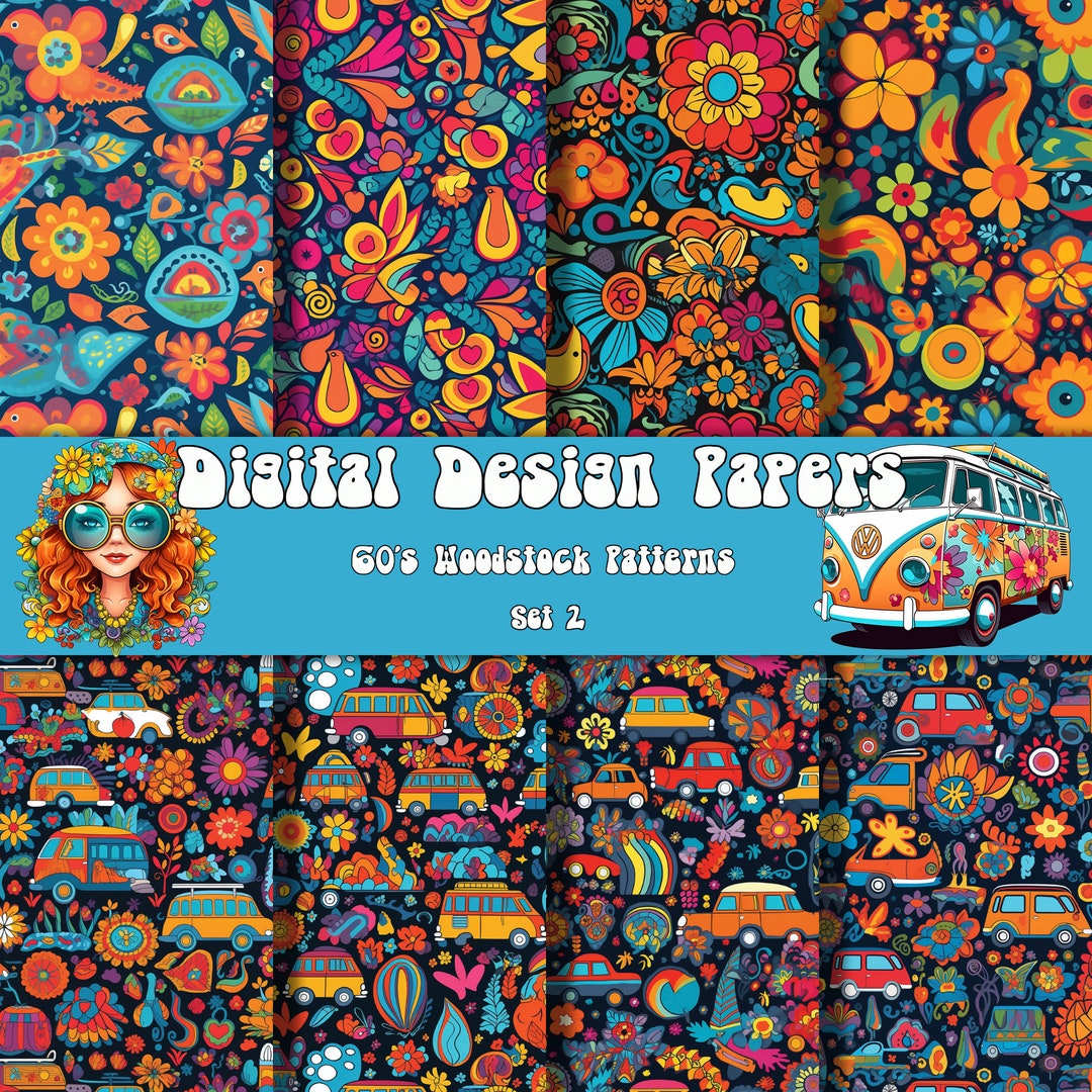60s Digital Paper Bundle SEAMLESS Abstract Woodstock Patterns Retro ...