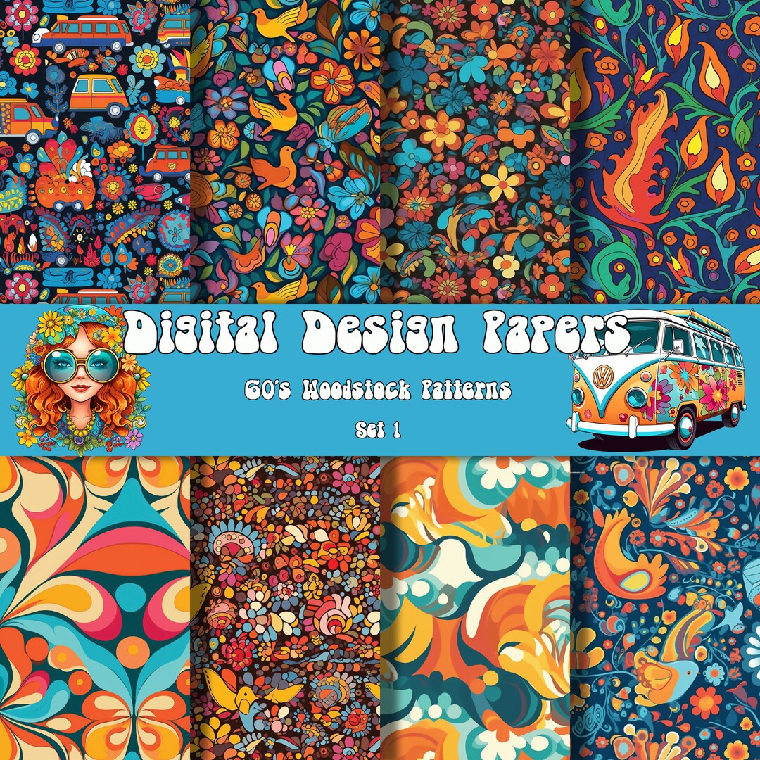 60s Digital Paper Bundle SEAMLESS Abstract Woodstock Patterns Retro ...