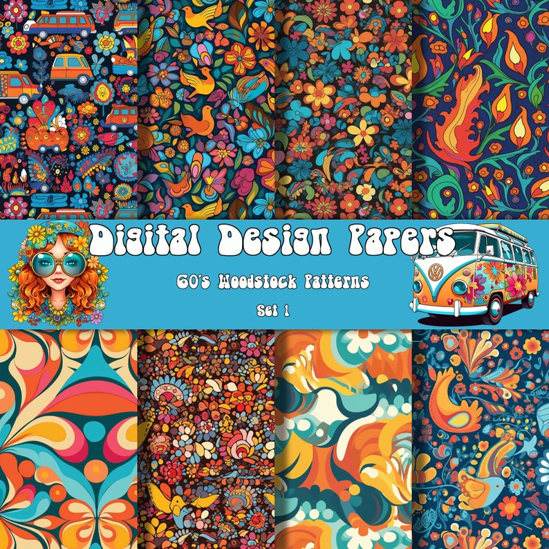 60s Digital Paper Bundle SEAMLESS Abstract Woodstock Patterns Retro ...