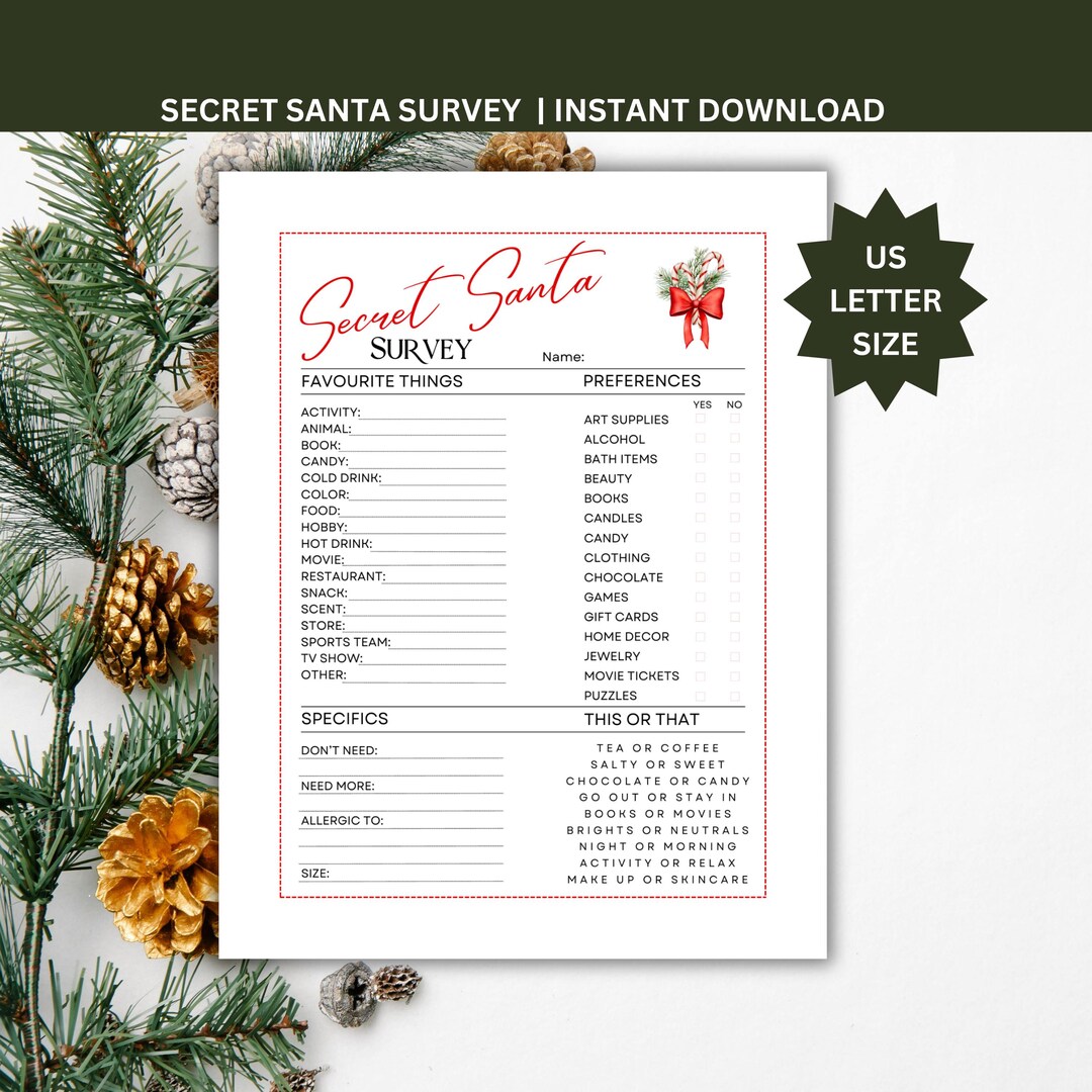 Secret Santa Survey Secret Santa Questionnaire for Coworkers Gift ...