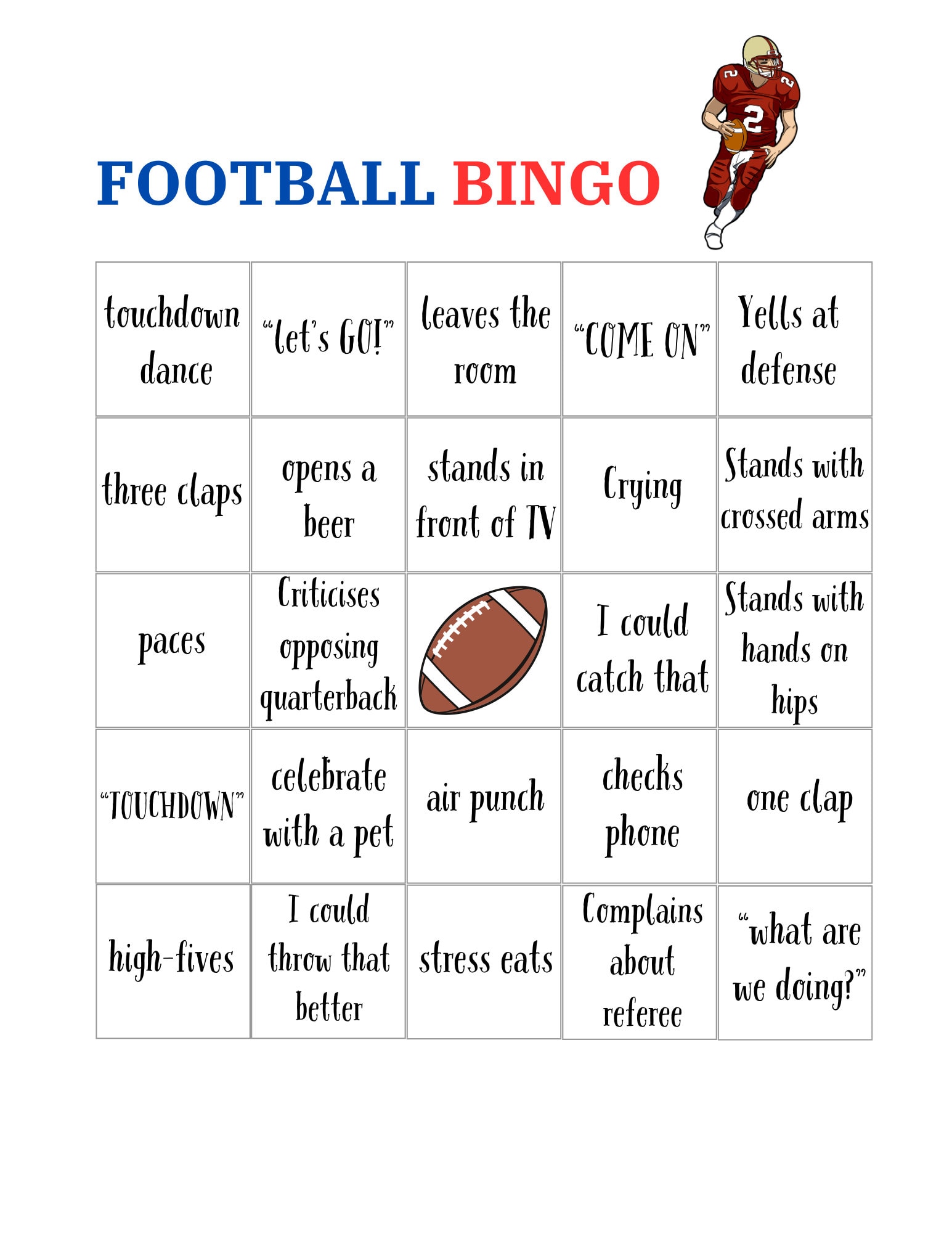 Football Bingo Game Boyfriend Bingo Drinking Party Game Printable Big ...