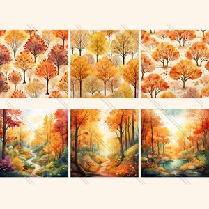 24 Autumn Tree Paper, Printable Watercolor Fall Landscape Paper, Cozy ...