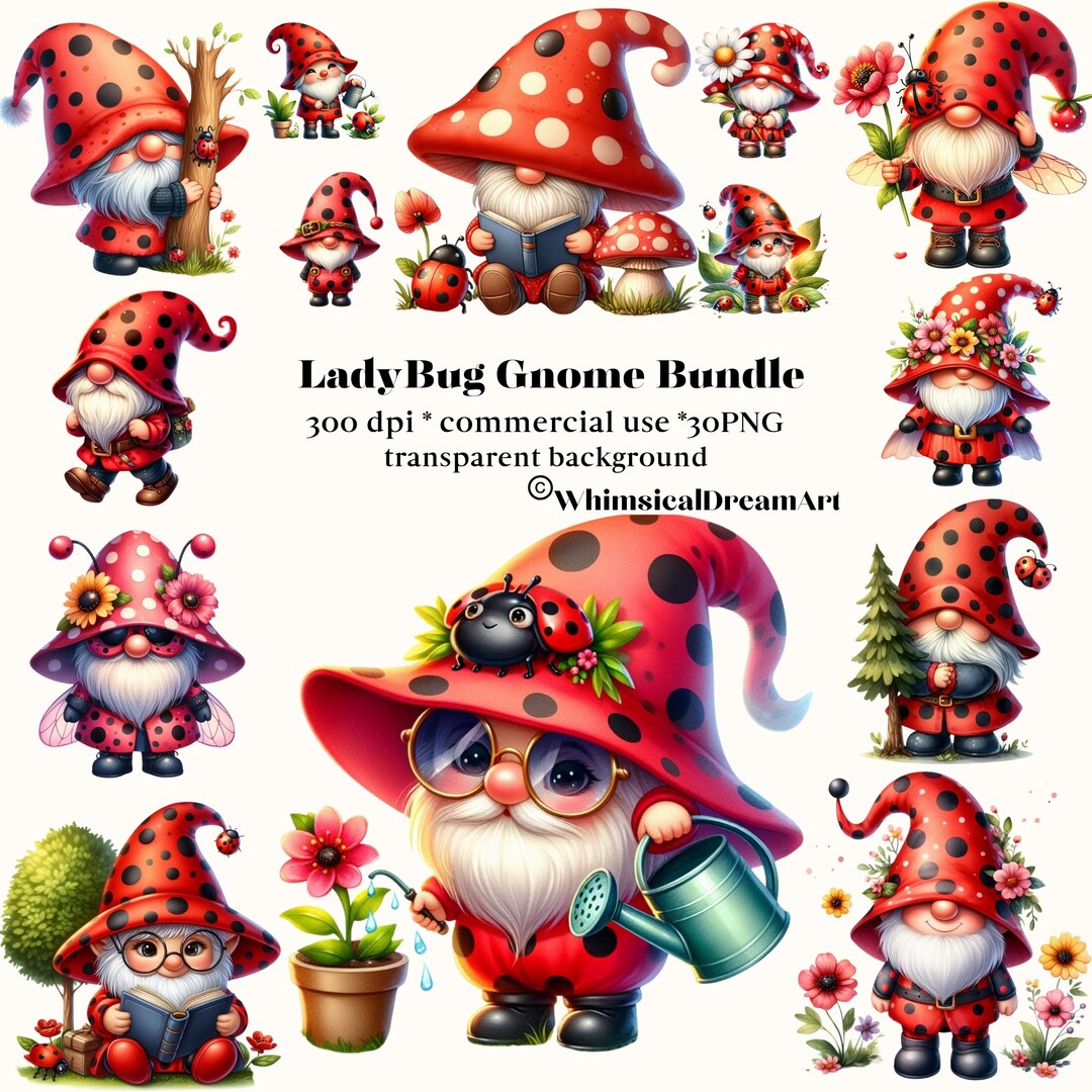 30 Ladybug Gnomes PNG Bundle Collection, Gardening Gnomes Sublimation ...
