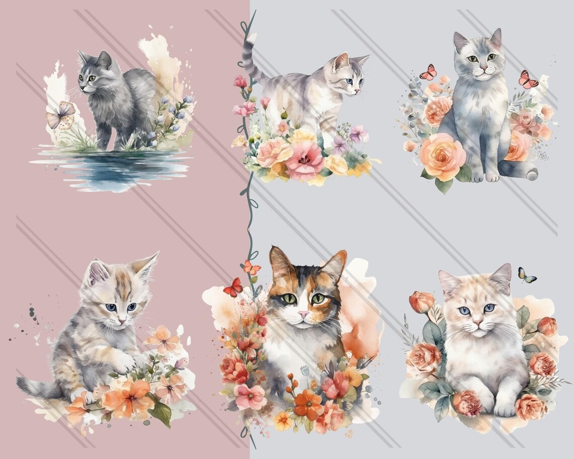 24 Cat Kitten and Flowers Clipart Watercolor Cat Pack - Etsy