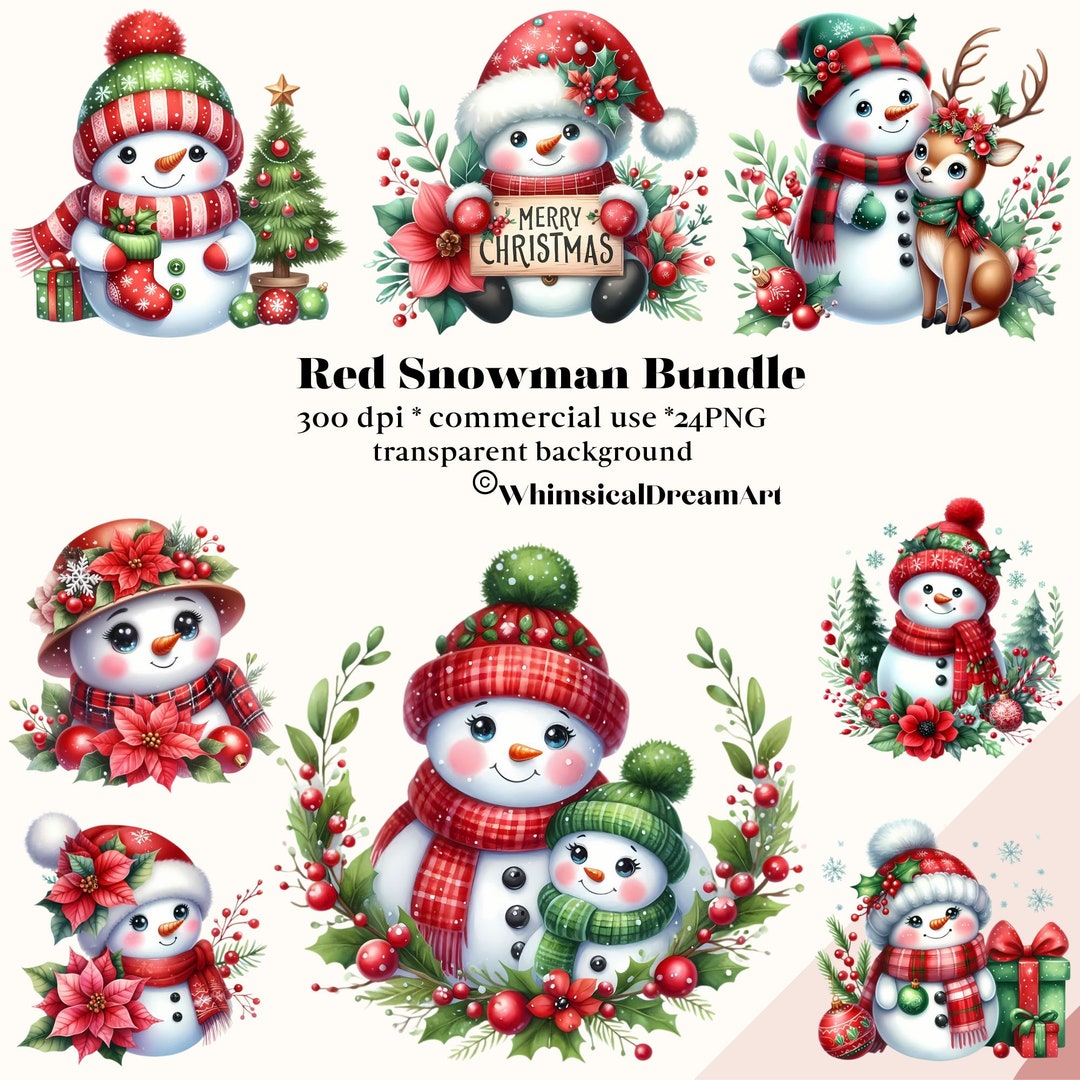 24 Christmas Red Snowman Clipart Bundle, Red and Green Snowman Png ...