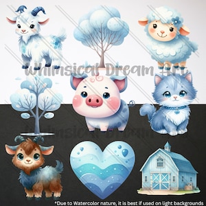 42 Watercolor Blue Farm Animal Clipart - Cute Chickens, Chicks, Horses ...