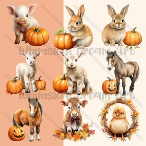 52 Watercolor Fall Farm Animal Clipart - Cute Chickens, Horses, Cows ...