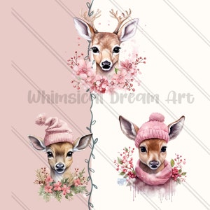 27 Christmas Cute Reindeer Clipart Bundle, Watercolor Deer, Pink ...