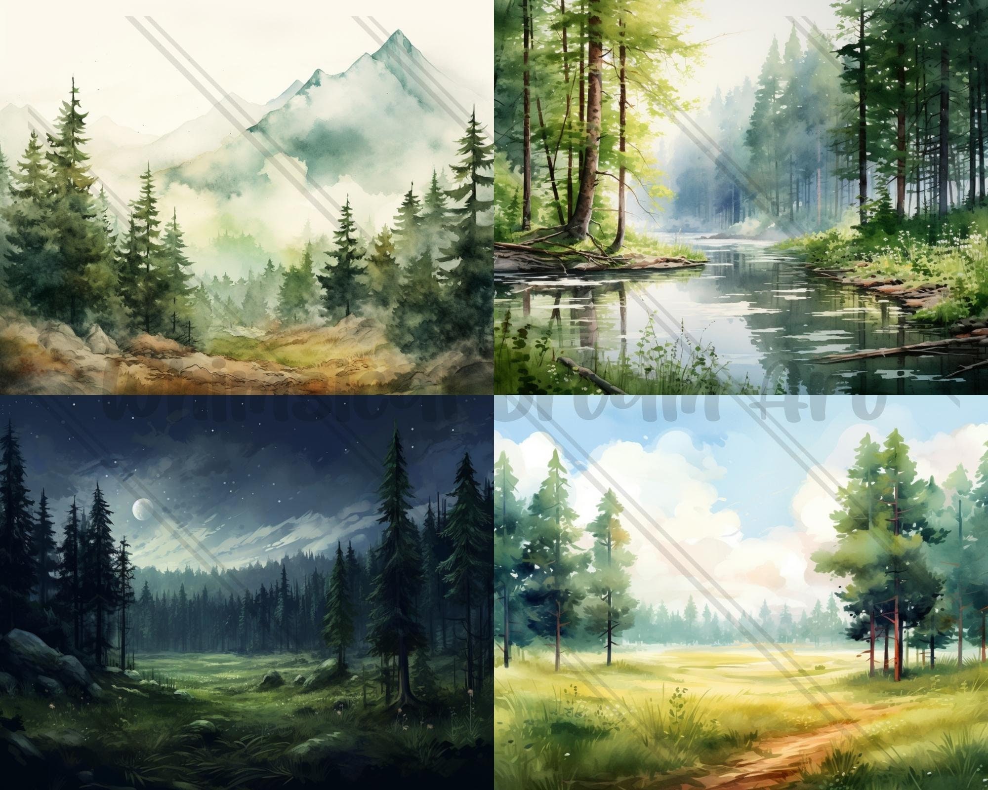 25 Forest Landscape Journal Paper, Notebook Digital Watercolor Woodland ...