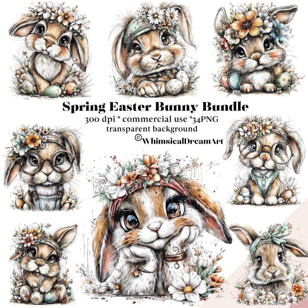 34 Easter Rabbit Clipart, Spring Boho Bunny, Pastel Eggs & Flowers for ...
