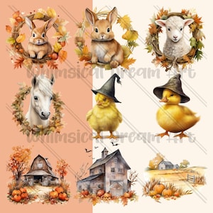 52 Watercolor Fall Farm Animal Clipart - Cute Chickens, Horses, Cows ...