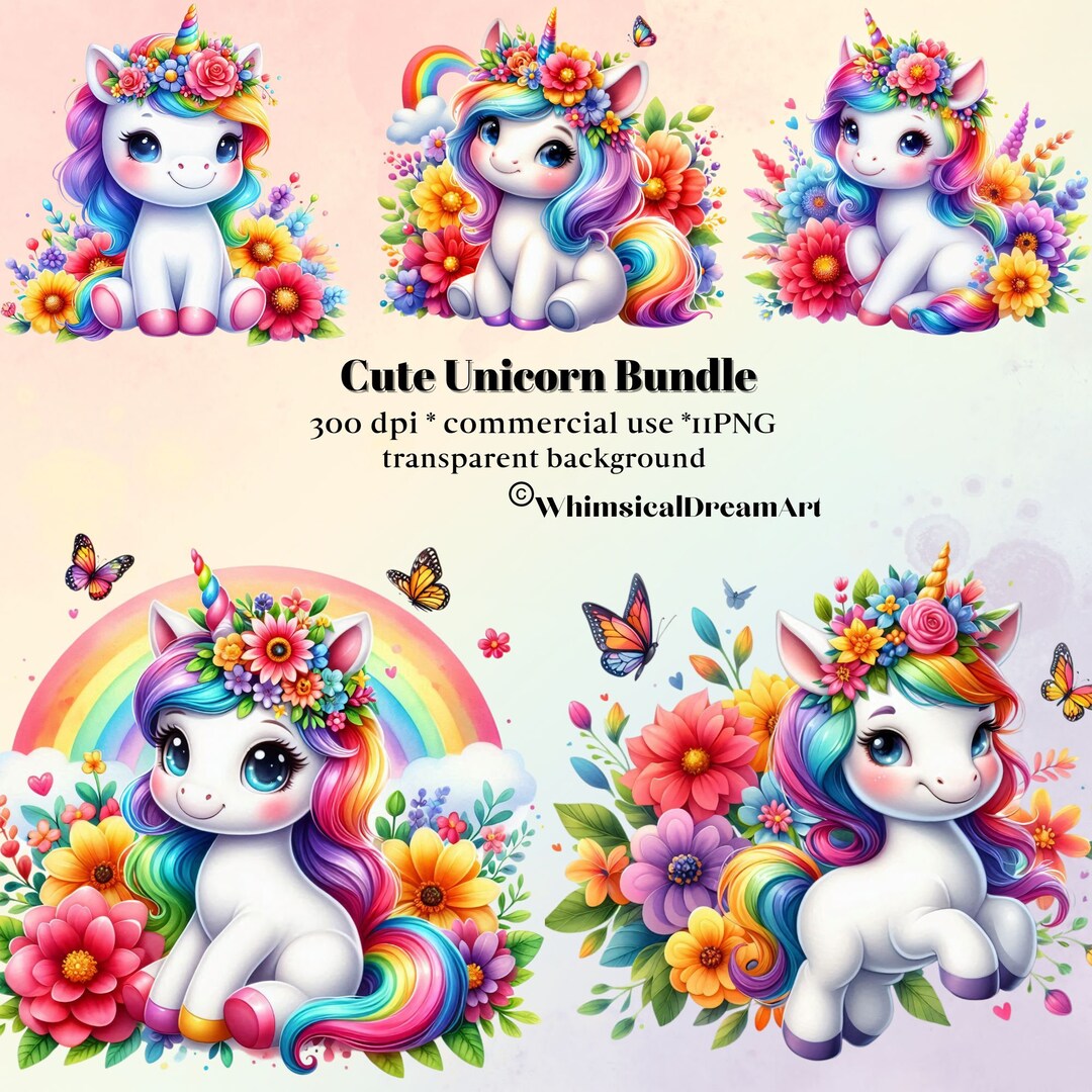 11 Watercolor Cute Rainbow Unicorn Collection Clipart, Spring Flowers ...