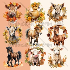 52 Watercolor Fall Farm Animal Clipart - Cute Chickens, Horses, Cows ...