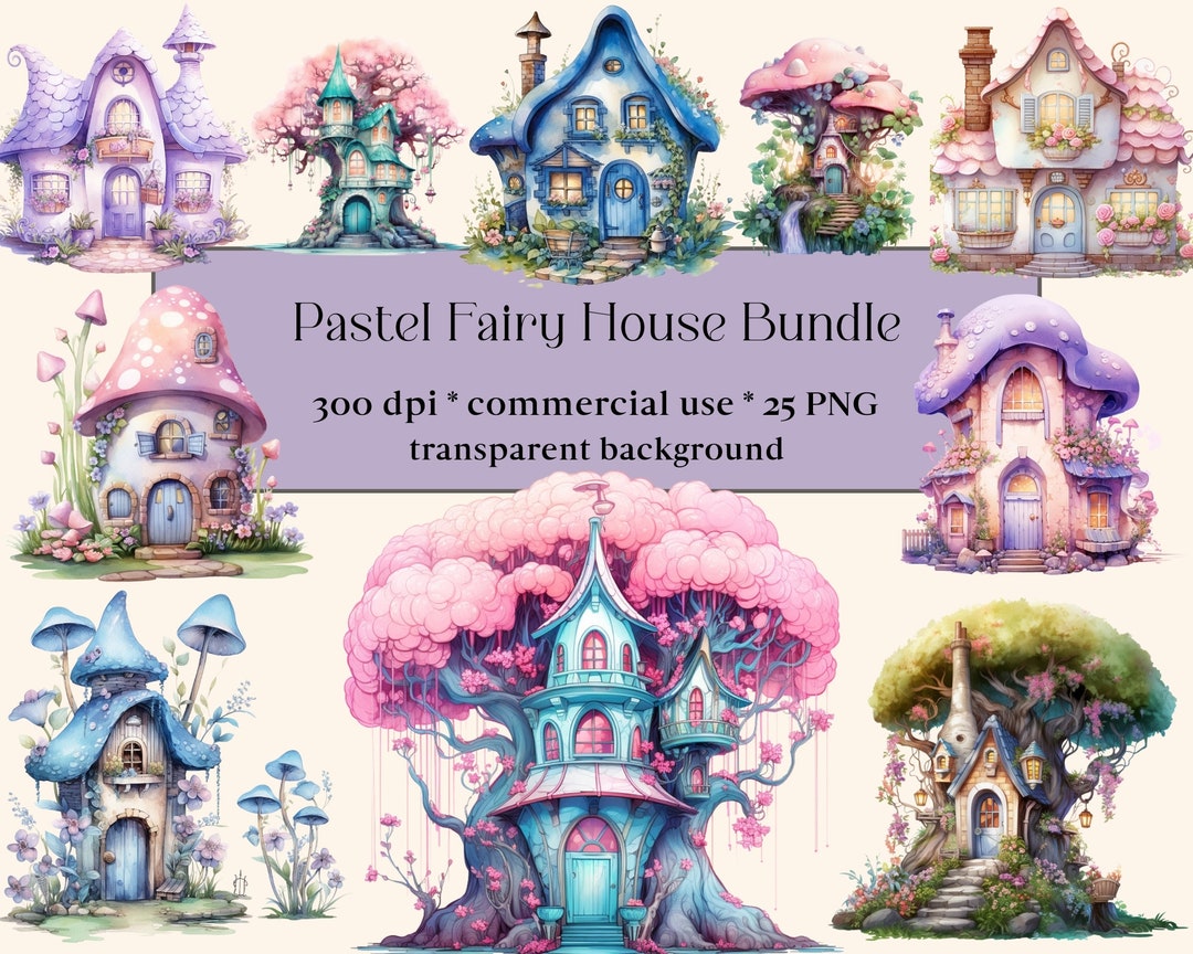24 PNG Pastel Fairy House Watercolor Clipart, Cute Kids Art Download ...