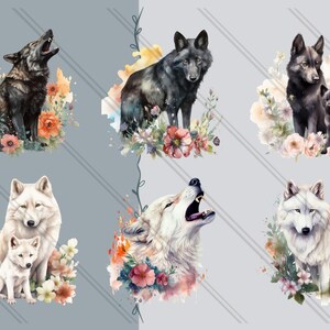 25 Wolf and Flower PNG Collection , Watercolor Wolves Pack, Wolf ...