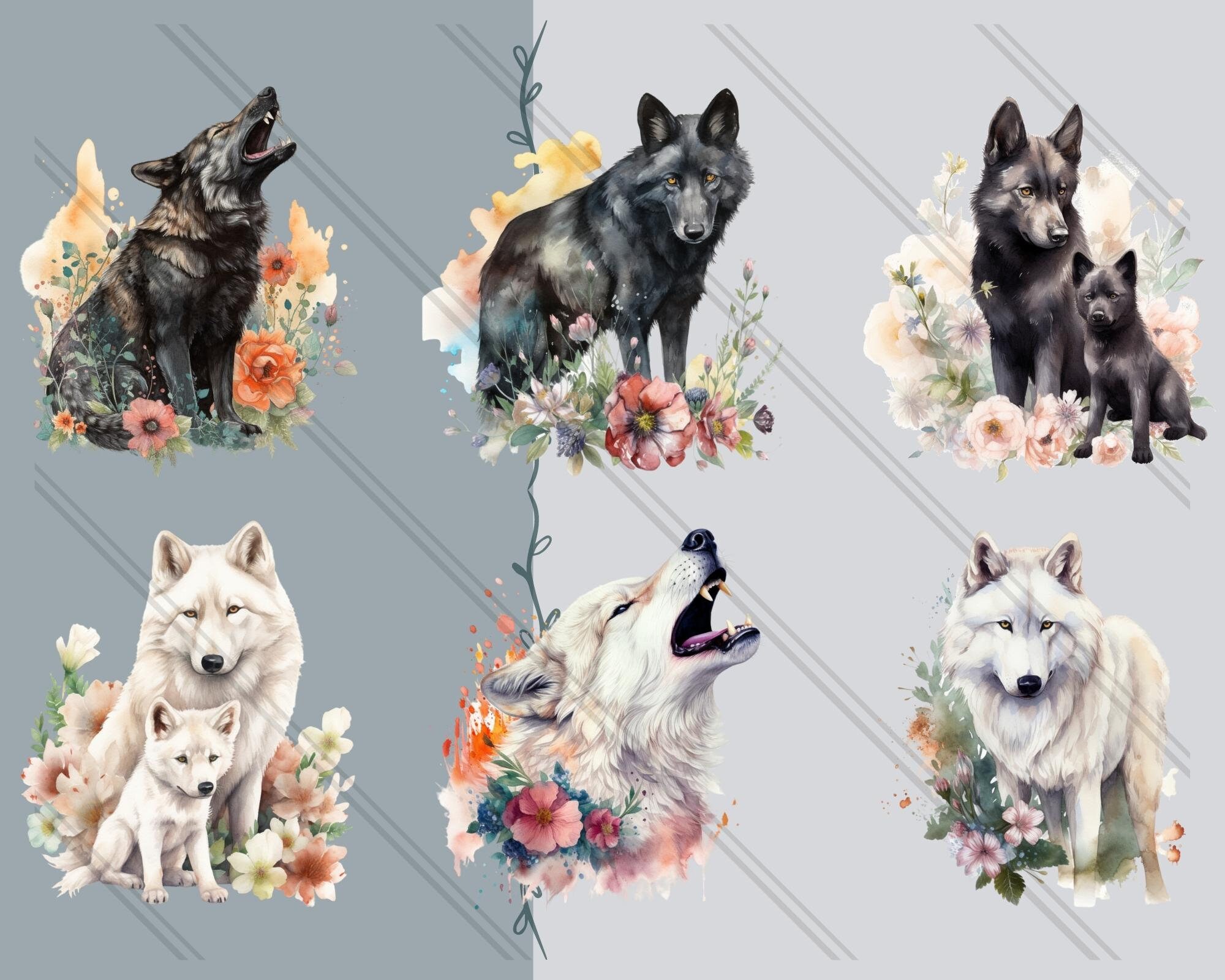 25 Wolf and Flower PNG Collection , Watercolor Wolves Pack, Wolf ...