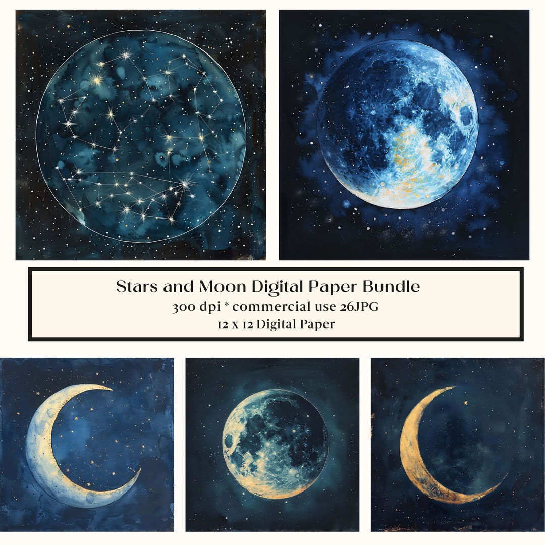 Vintage Star Moon Digital Paper Pack, Celestial Scrapbook (instant ...
