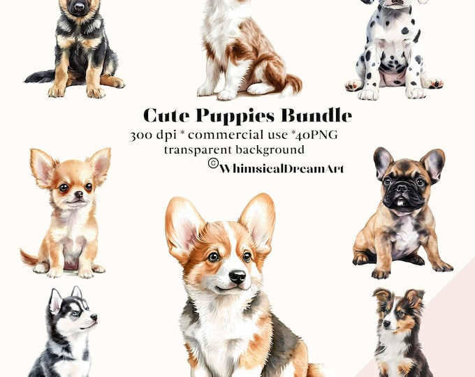 40 Cute Puppy Watercolor Clipart PNG Bundle , Commercial Use, Digital ...