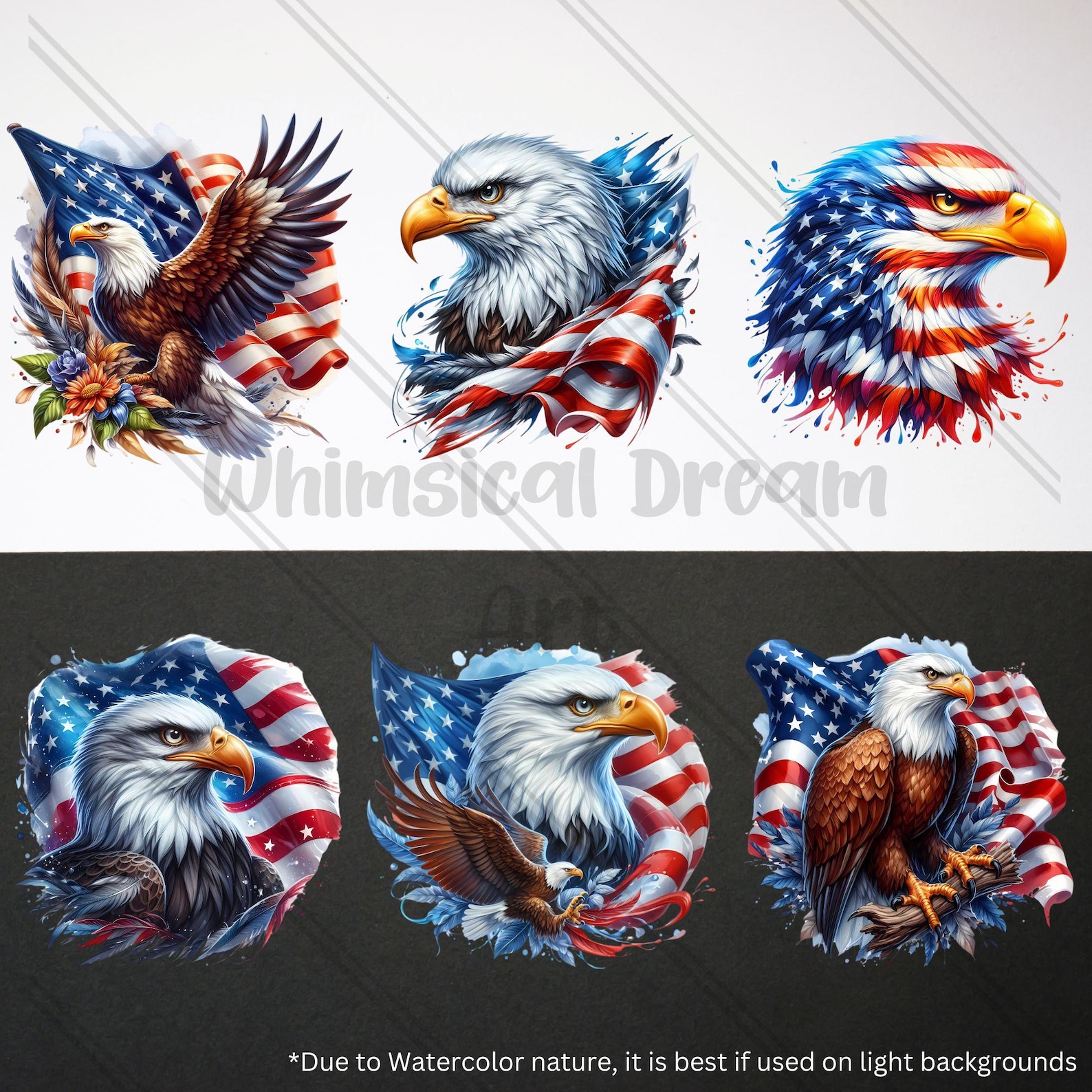 12 Watercolor Patriotic Eagle Collection Clipart, USA Patriotic Eagle ...